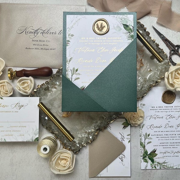 White and Emerald Green Wedding Invitation - Etsy