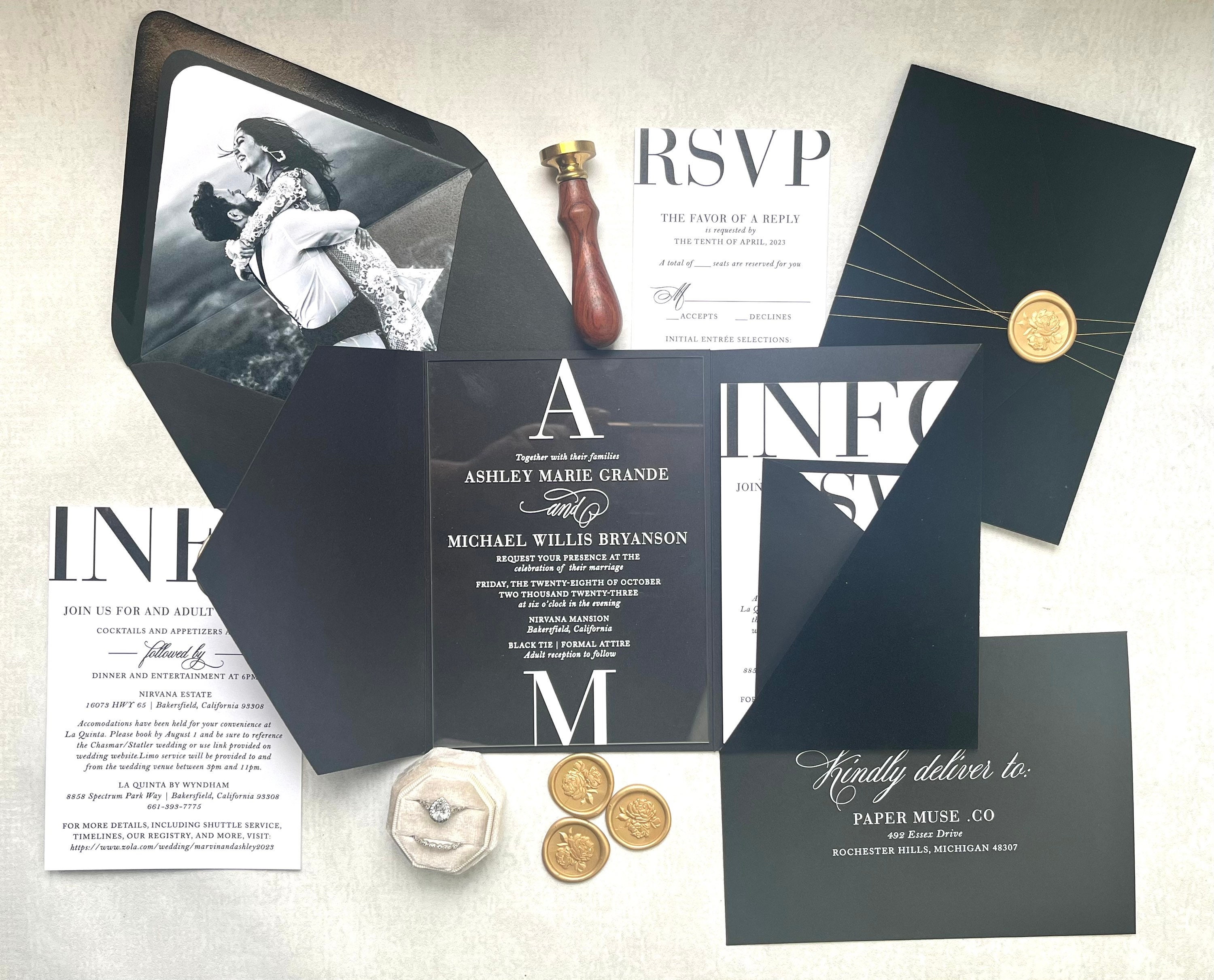Sample Pack Velvet & Acrylic Pocket Wedding Invitations Modern Black ...
