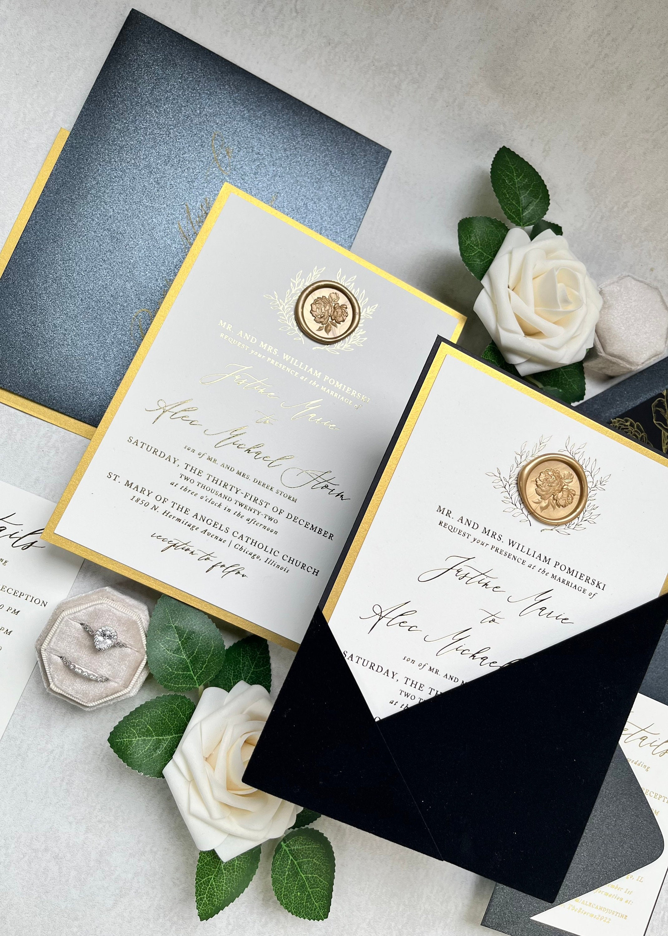 Sample Pack - Black Velvet Angled Pocket Gold Foil Botanical Wedding ...