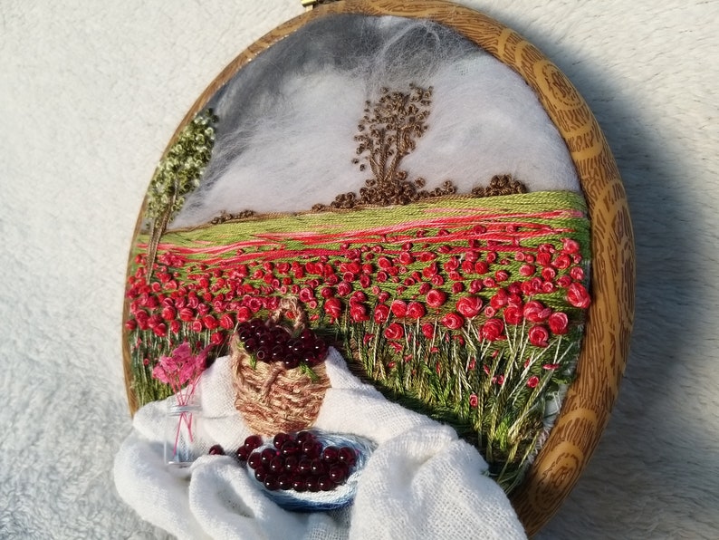 Embroidered Landscape With Fluffy Clouds, Flowers and Still Life, DIY ...