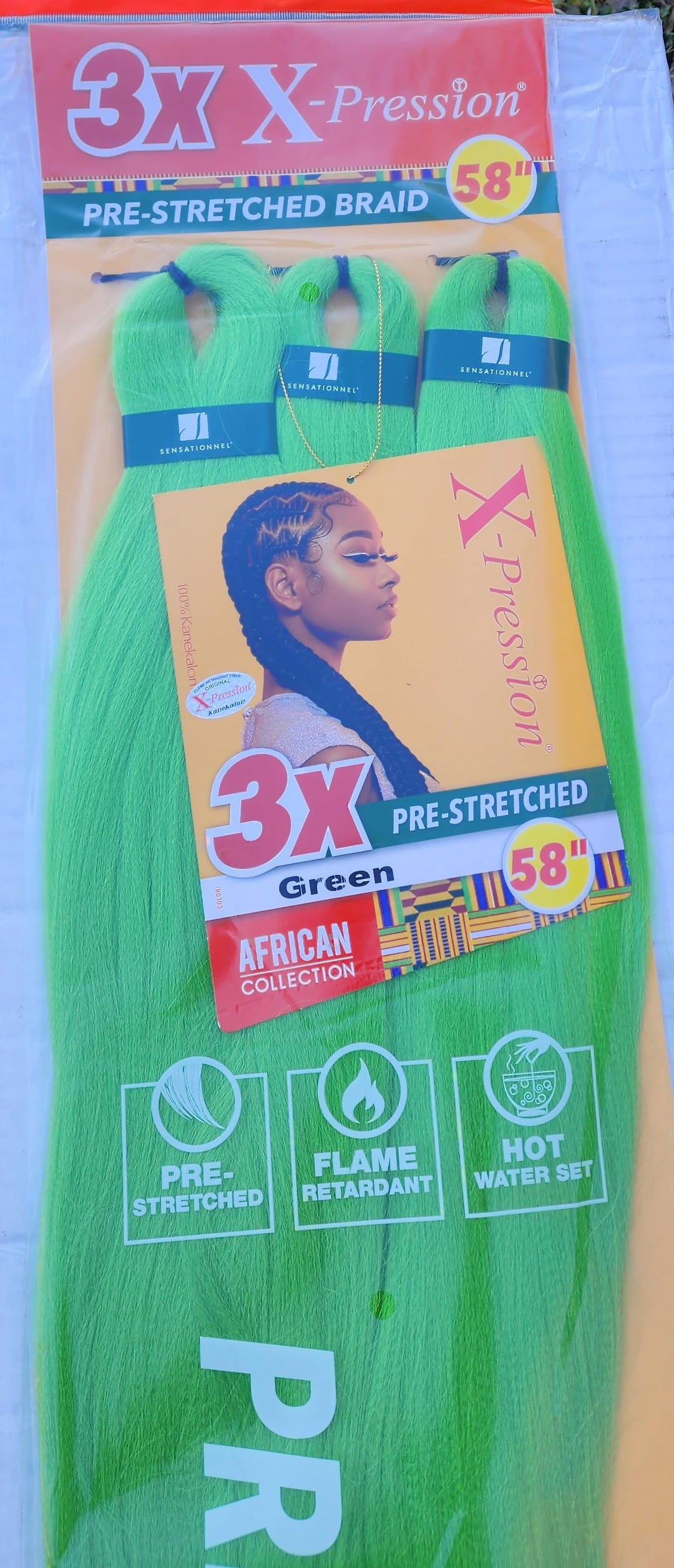 Color Green- X-pression Xpression Expression 58" Braiding Hair 3X Pre ...