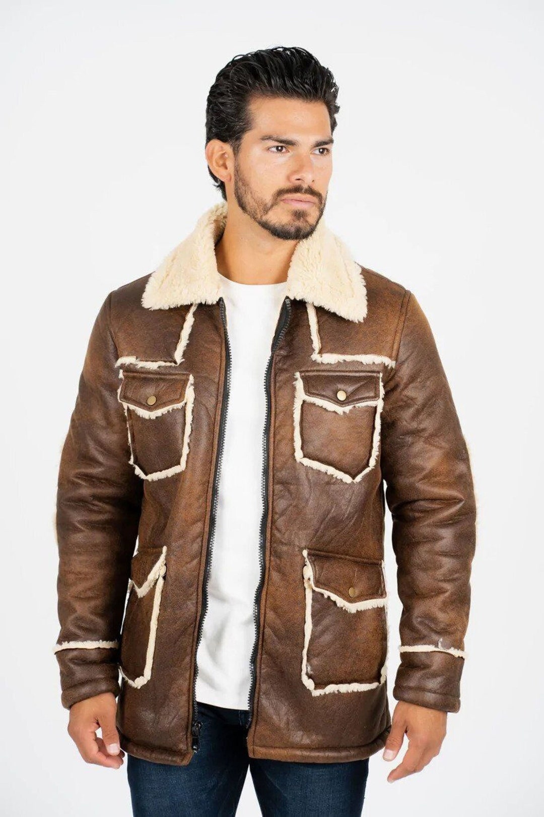Men's RAF Aviator B3 Shearling Distressed Leather Coat Jacket Sheep ...