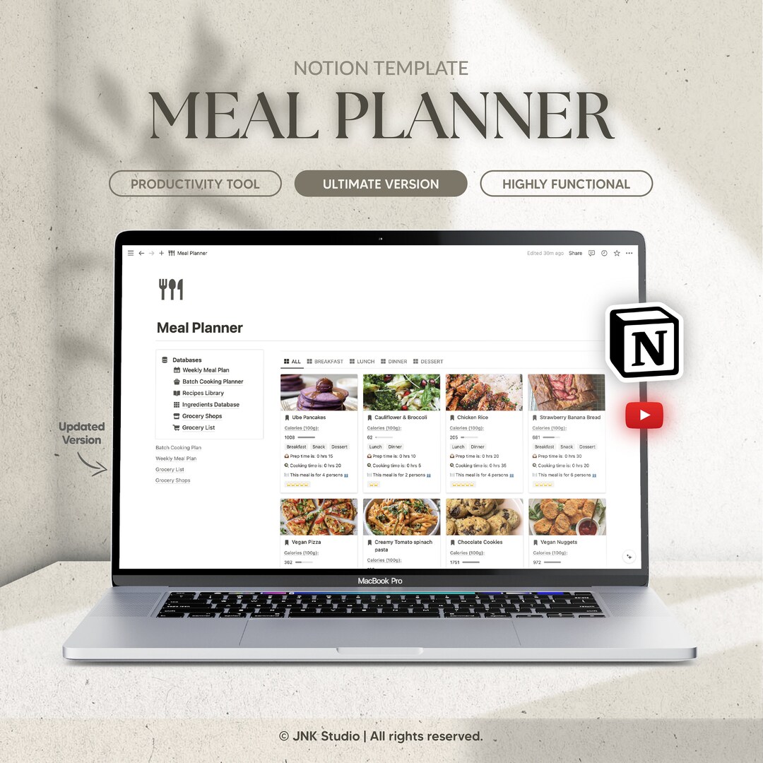 Meal Planner Notion Template, Notion Dashboard, Notion Planner, Grocery ...