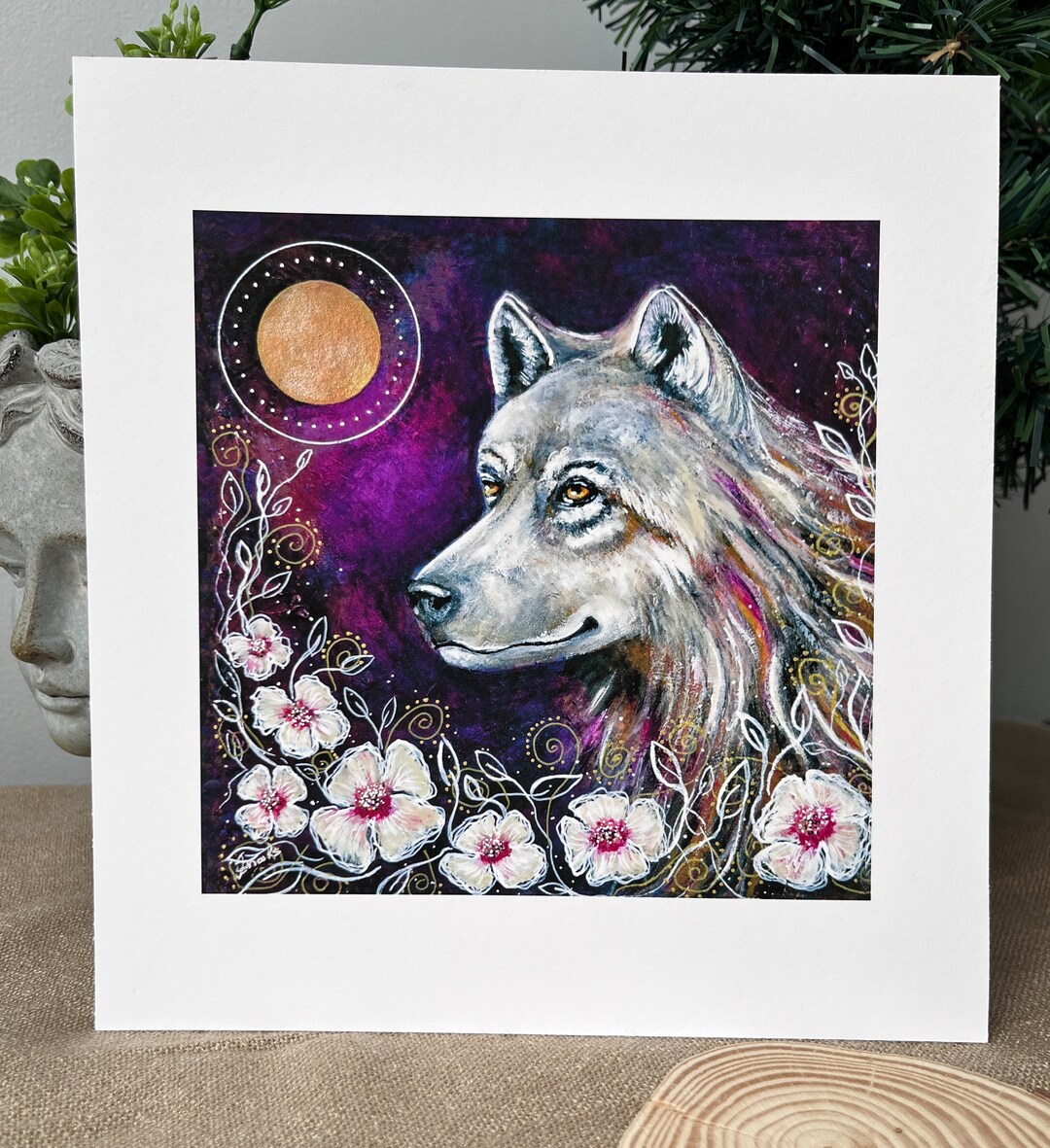Flower Moon Wolf , Paper Art Print - Etsy