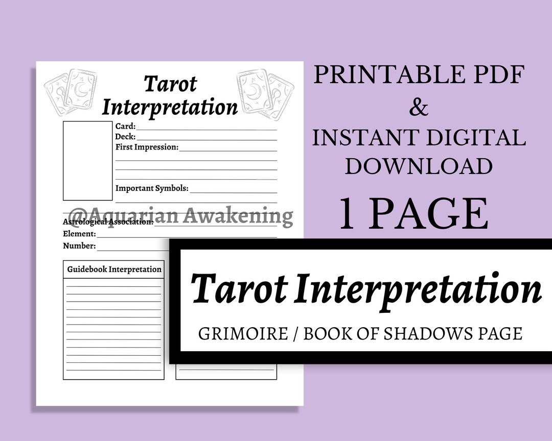 Tarot Card Interpretation Worksheet to Learn & Study Grimoire Pages ...
