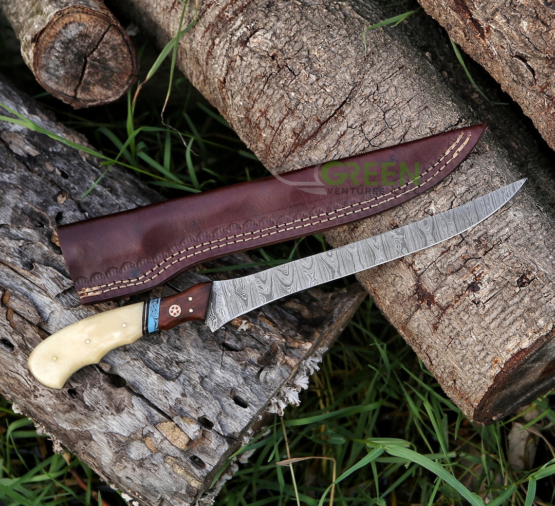 Handmade Damascus Steel Fillet Knife: Natural Bone Handle, Leather ...