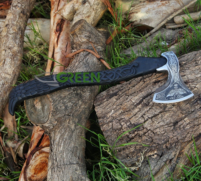 Hand Forged Viking Axe: Raven Engraved Bearded Battle Axe - Etsy