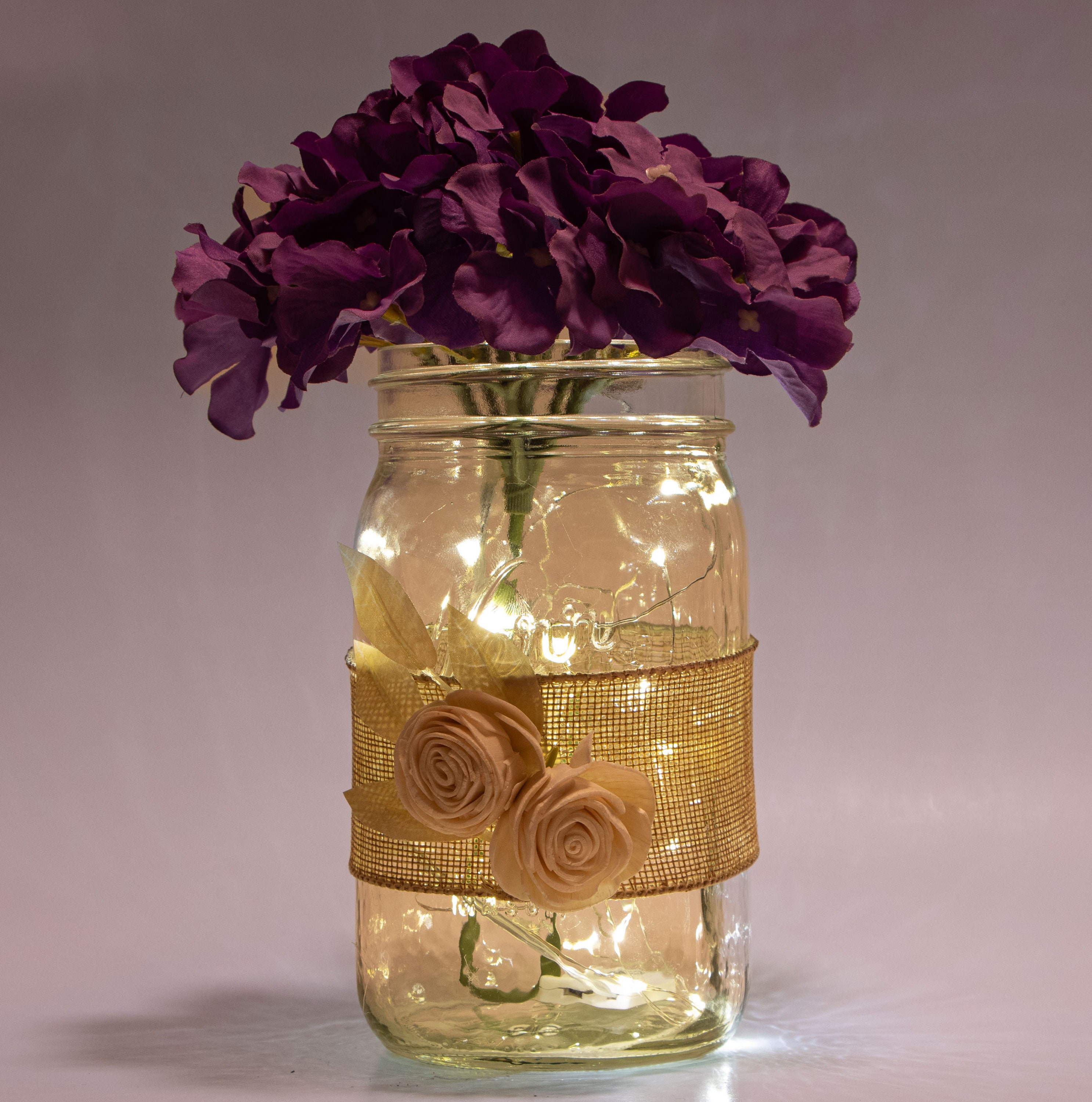 Set of 3 Clear Lighted Mason Jars Decorated With Burlap ,twine and Sola ...