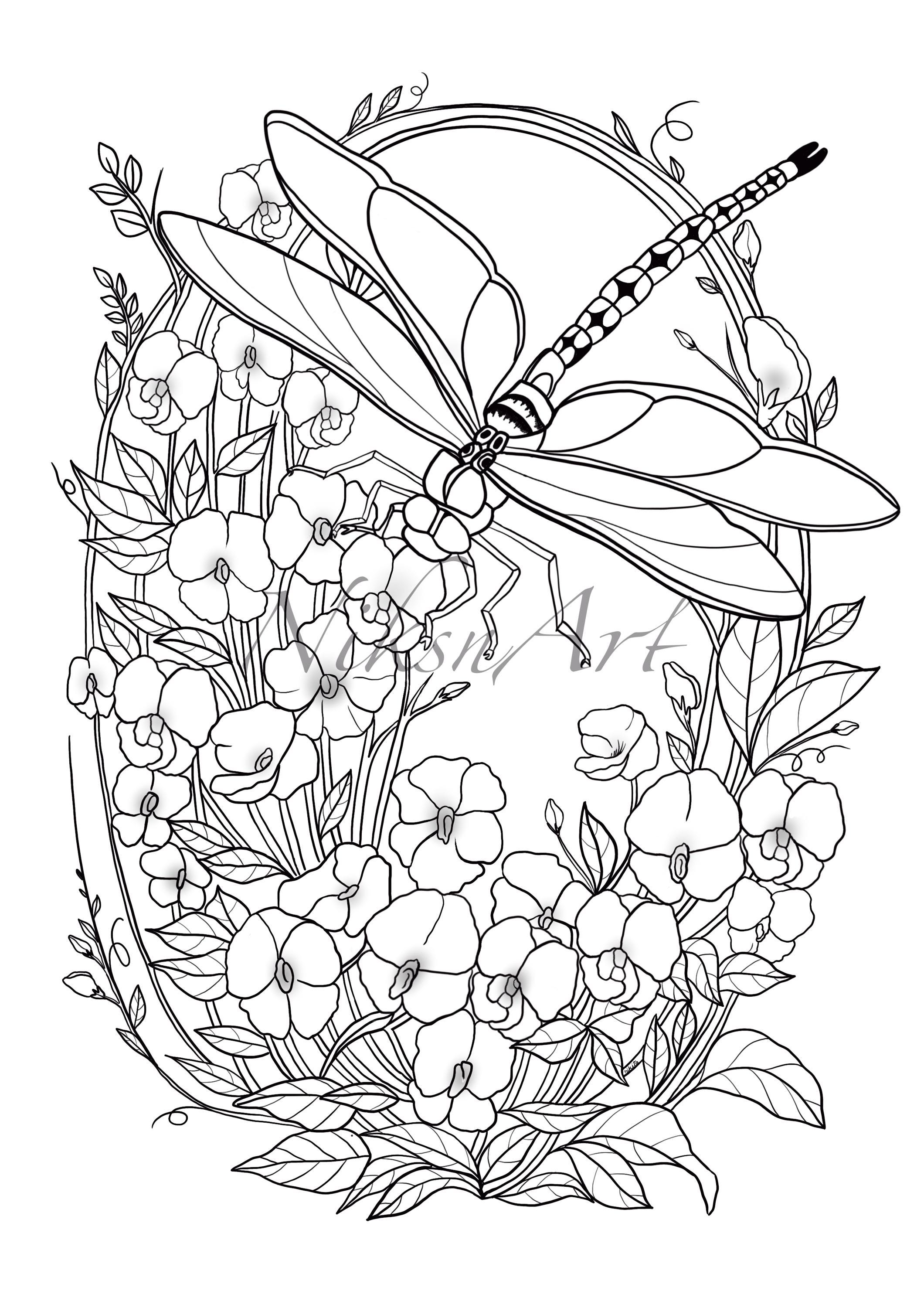 Dragonfly & Roses Coloring Page: Floral Printable (PDF) - Etsy