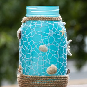 Beautiful Beach Theme Mason Jar in Blue With White Mesh and Natural Sea ...