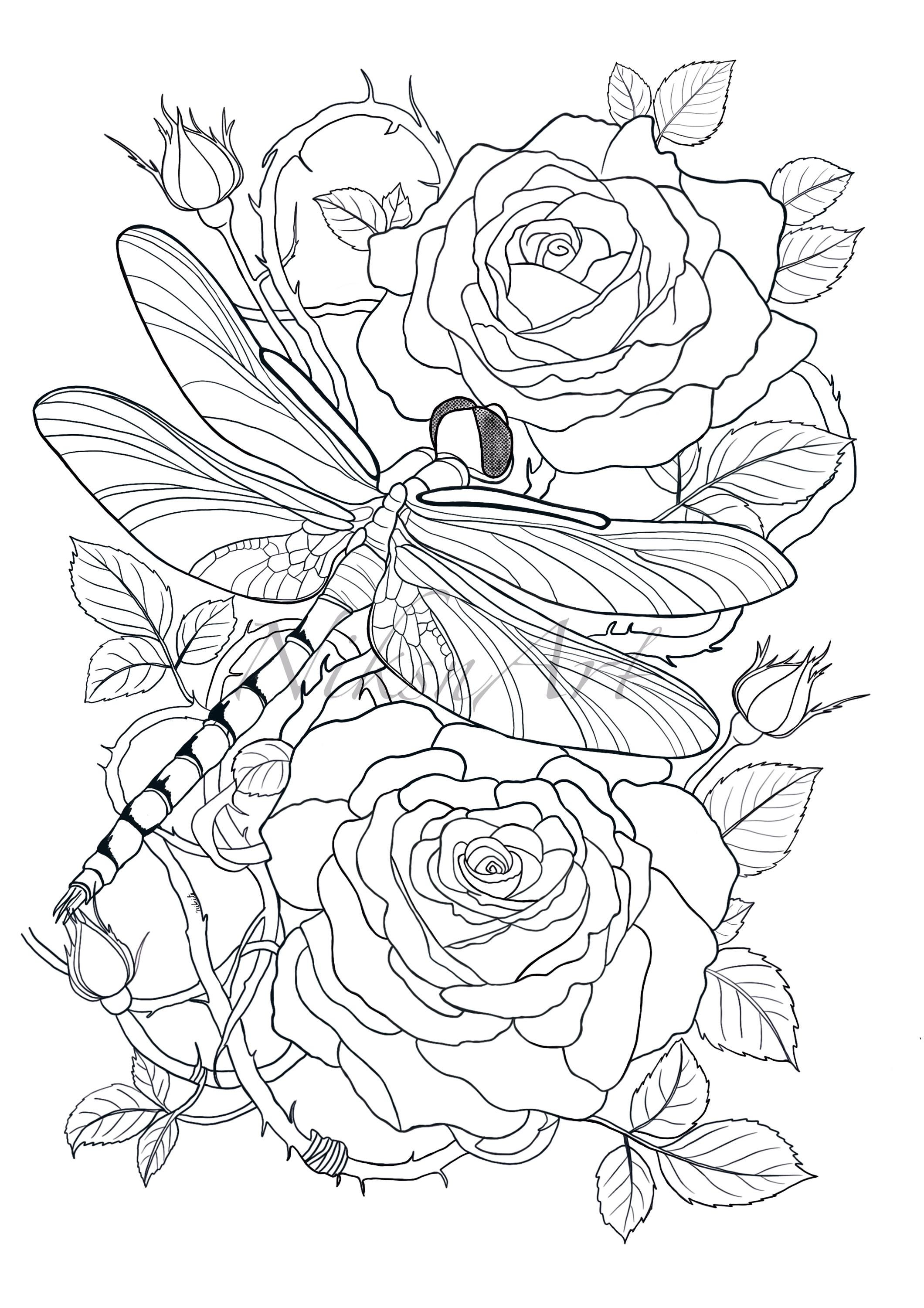 Dragonfly & Roses Coloring Page: Floral Printable (PDF) - Etsy