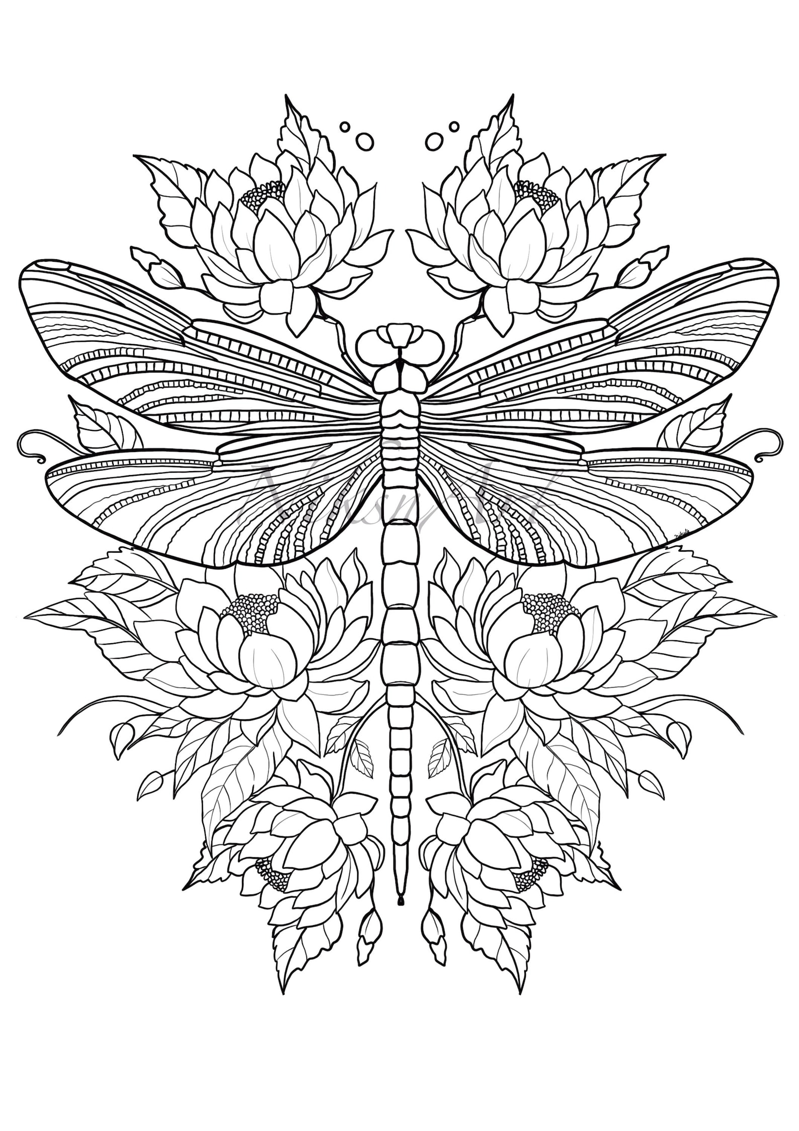 Dragonfly & Roses Coloring Page: Floral Printable (PDF) - Etsy