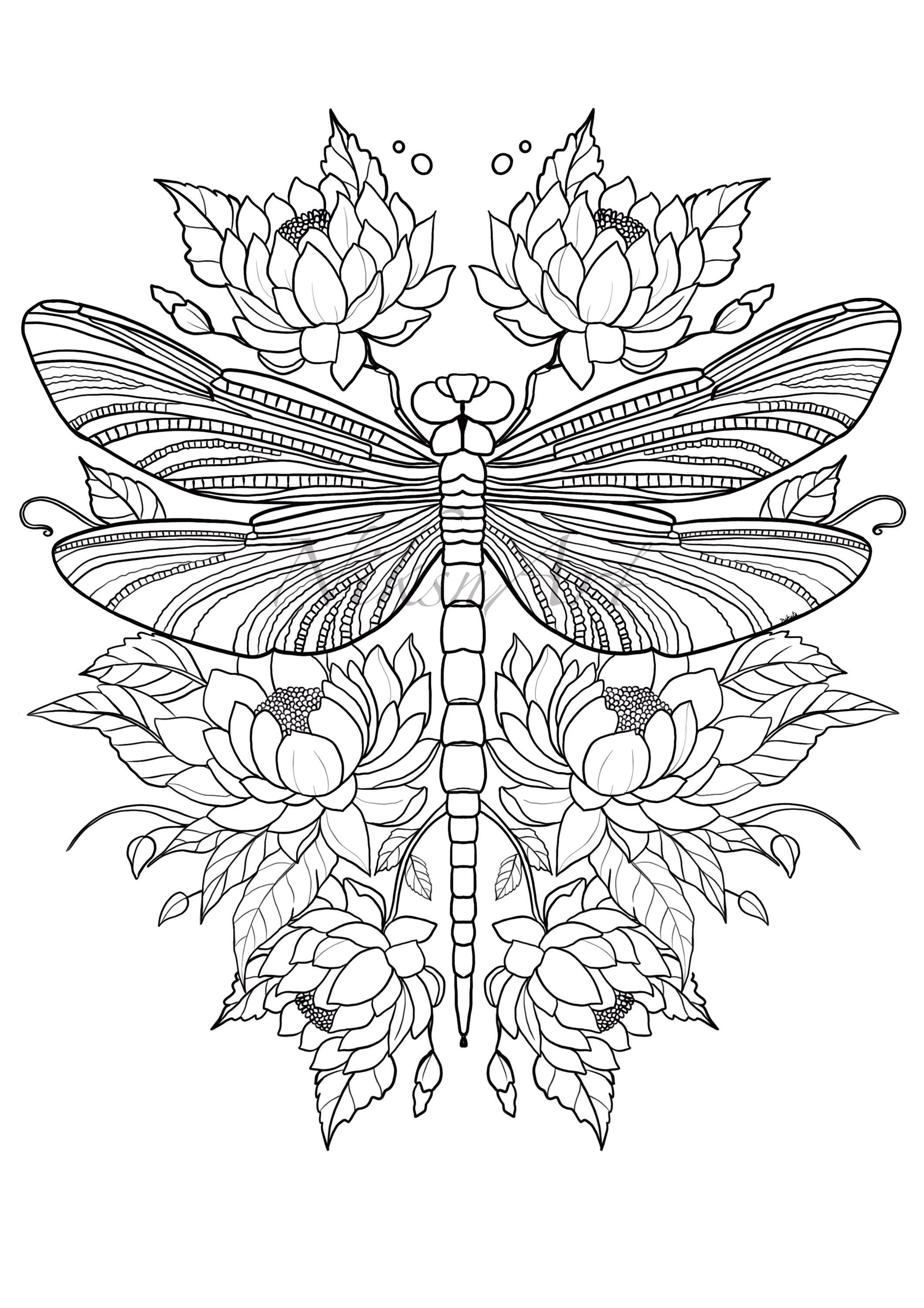 Dragonfly & Roses Coloring Page: Floral Printable (PDF) - Etsy