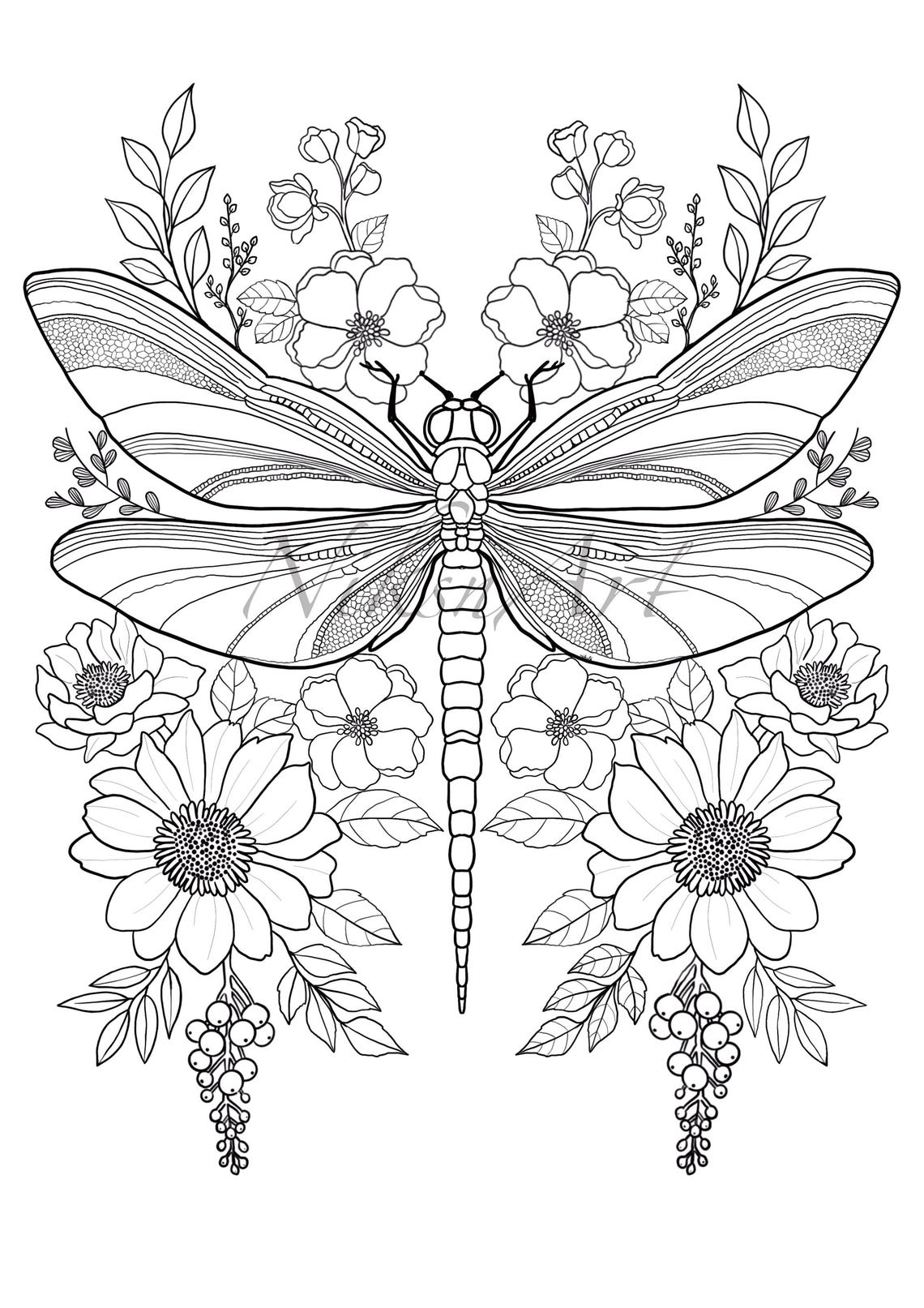 Dragonfly & Roses Coloring Page: Floral Printable (PDF) - Etsy