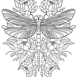 Dragonfly & Roses Coloring Page: Floral Printable (PDF) - Etsy