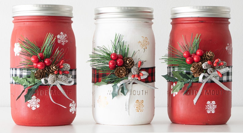 Hand Painted Christmas Mason Jar Decor, Buffalo Plaid Ribbon - Etsy