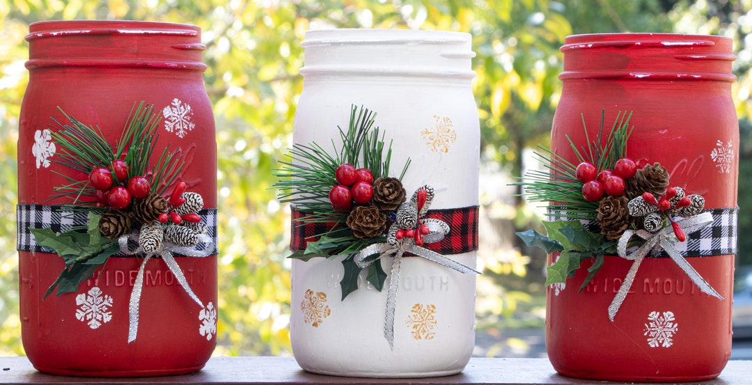 Hand Painted Christmas Mason Jar Decor, Buffalo Plaid Ribbon - Etsy