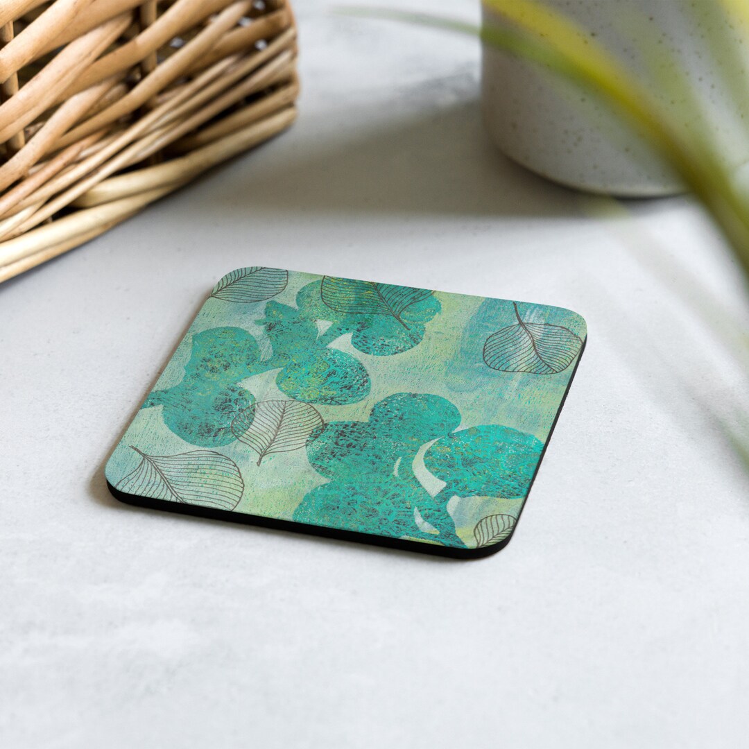 Cork Based Coaster With Green Background and Black Leaf Outline, Cork ...