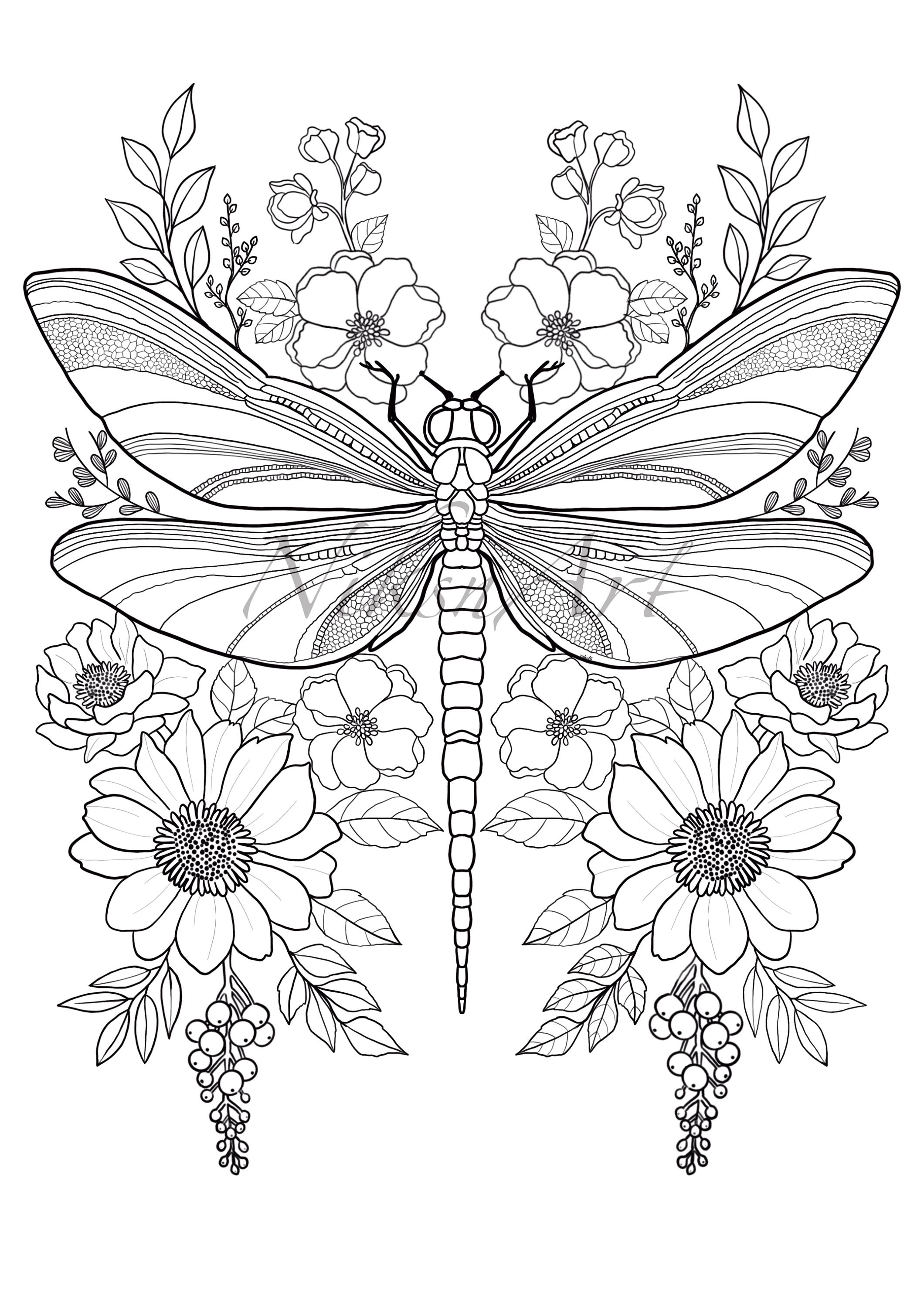 Dragonfly & Roses Coloring Page: Floral Printable (PDF) - Etsy