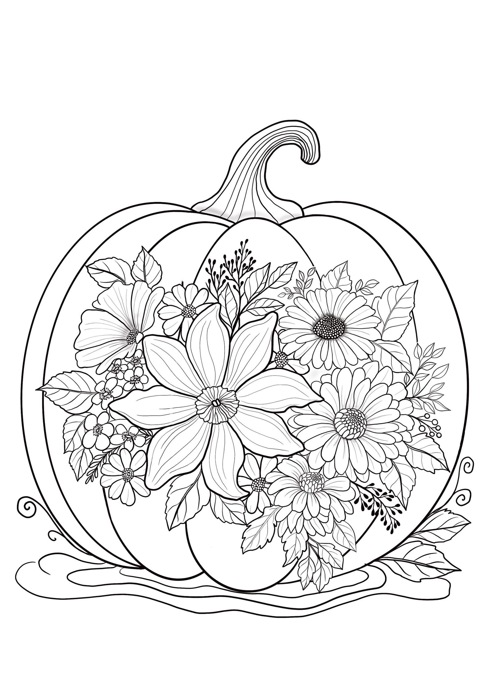 Printable Pumpkin Coloring Sheets With Flowers | Coloring Pages | Adult ...