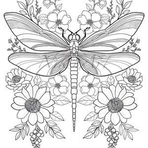 Dragonfly & Roses Coloring Page: Floral Printable (PDF) - Etsy