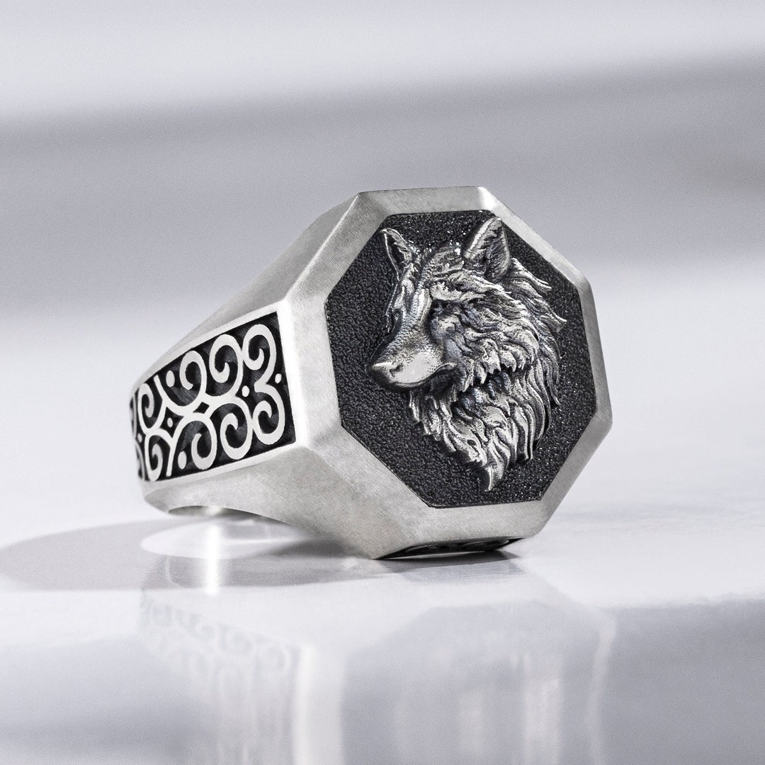 Nordic Wolf Unique Signet Ring Men in Sterling Silver, Handmade Viking ...