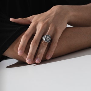 Sun Dainty Signet Ring Men in Sterling Silver, Vintage Celestial Unique ...