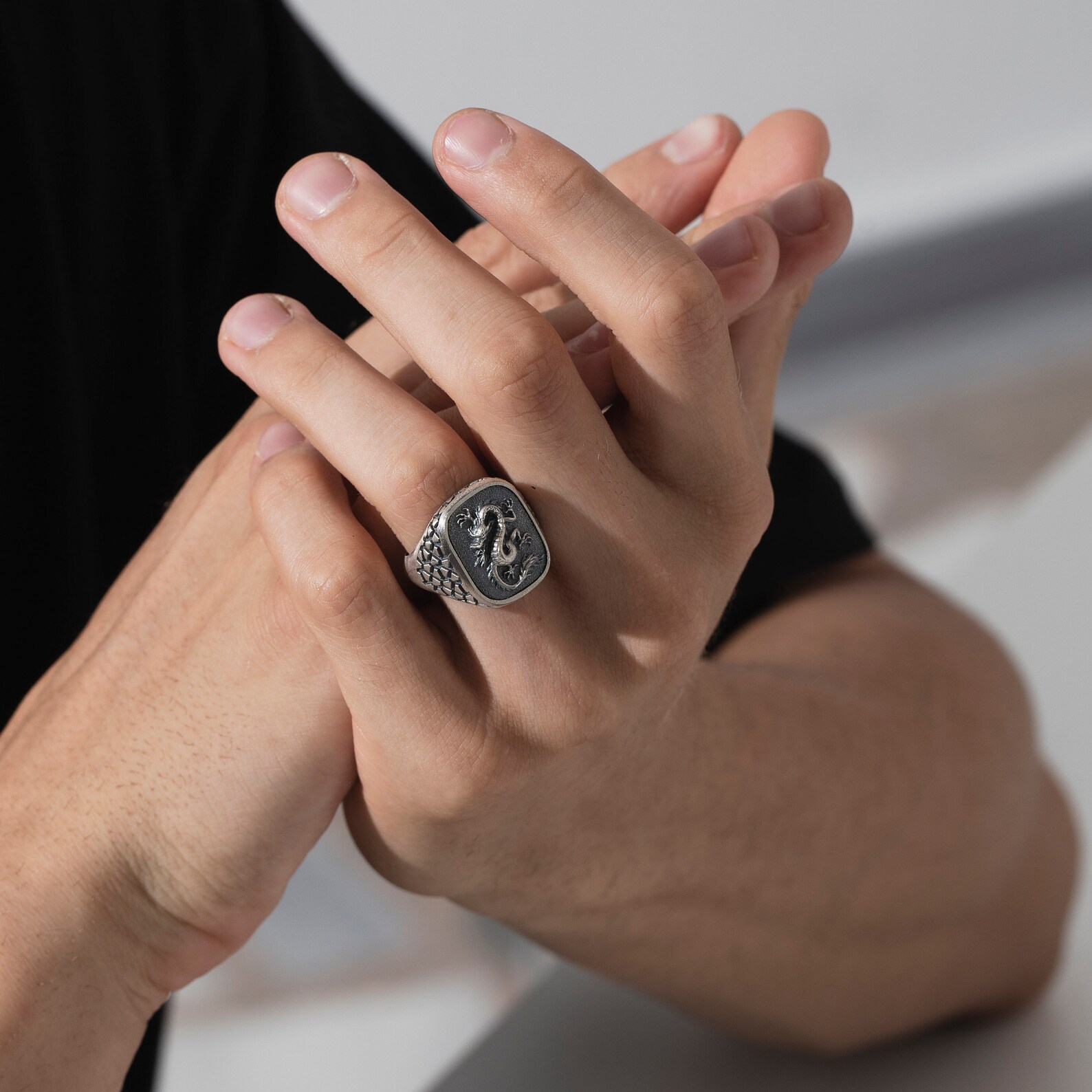 Silver Engraved Dragon Signet Ring Men, Dainty Fantasy Ring to Family ...