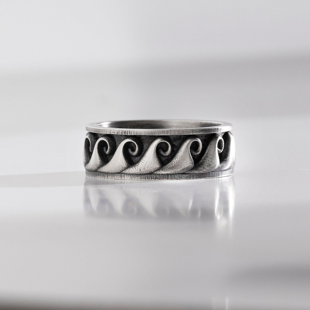 Ocean Wave Vintage Mens Band Ring, Handmade Sterling Silver Engraved ...
