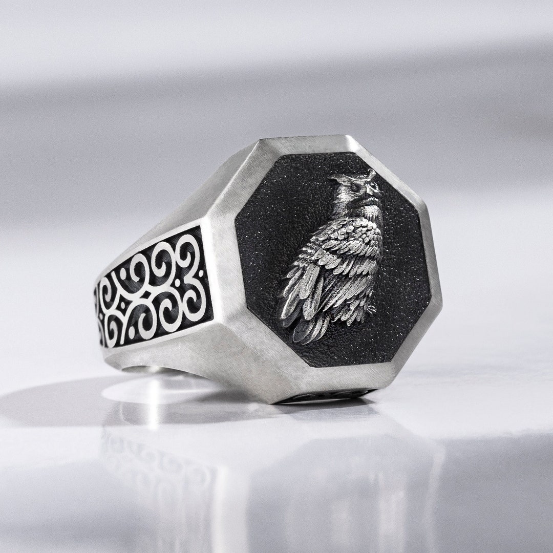 Engraved Owl Unique Signet Ring for Men in Silver, Dainty Animal Nature ...