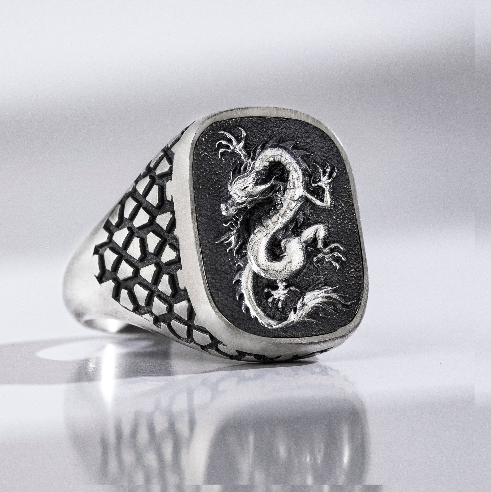 Silver Engraved Dragon Signet Ring Men, Dainty Fantasy Ring to Family ...