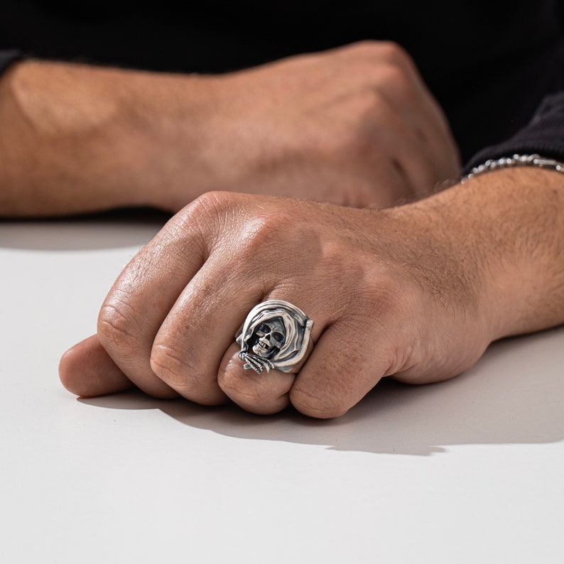 Grim Reaper Skull Ring for Men in Oxidized Silver Biker Goth - Etsy