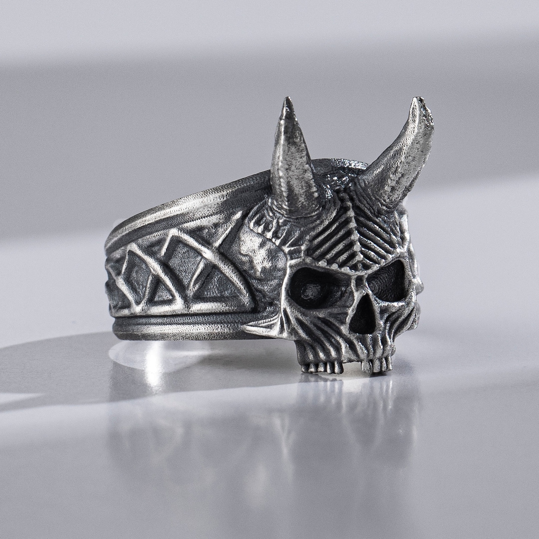 Demon Skull Mens Ring in Sterling Silver, Handmade Gothic Devil Skull ...