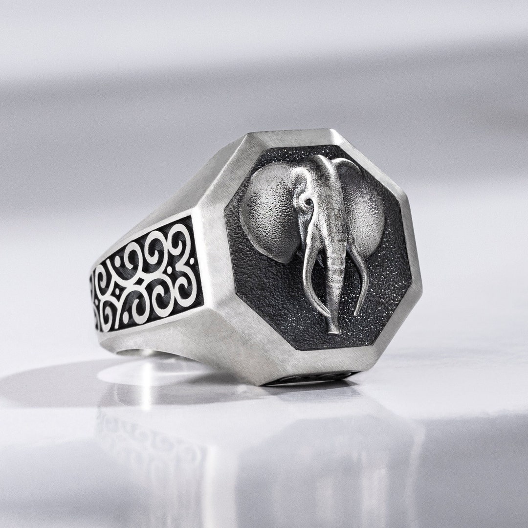 Elephant Head Dainty Signet Ring in Silver, Handmade Pinky Unique Mens ...