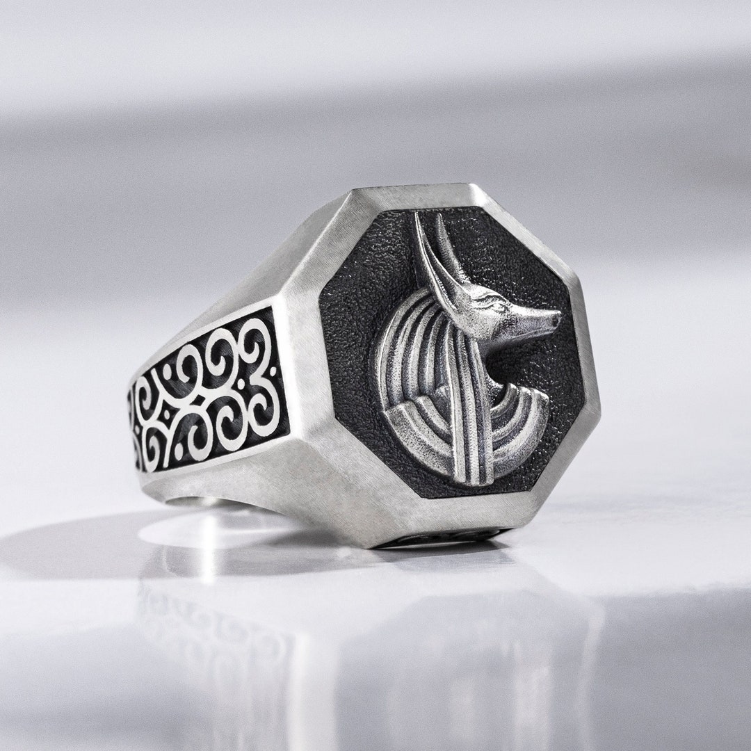 Egyptian Anubis Signet Mens Silver Ring Engraved Mythology - Etsy