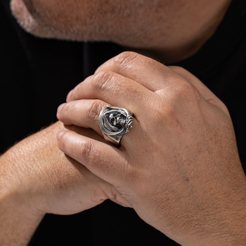Grim Reaper Skull Ring for Men in Oxidized Silver Biker Goth - Etsy