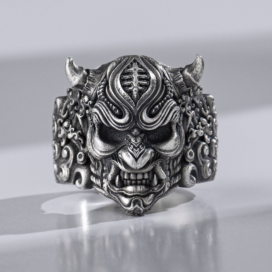 Hannya Oni Mask Ring in Sterling Silver, Vintage Gothic Ring for Men ...