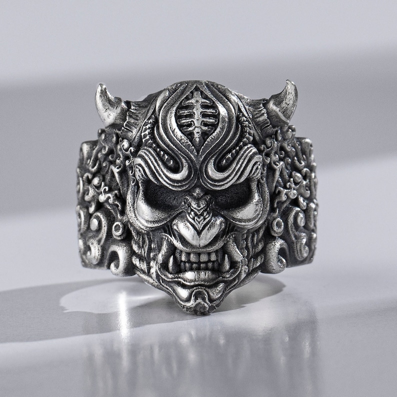 Hannya Oni Mask Ring in Sterling Silver Vintage Gothic Ring - Etsy