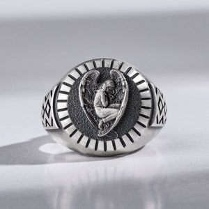 Guardian Angel Engraved Sterling Silver Signet Ring for Men, Unique ...