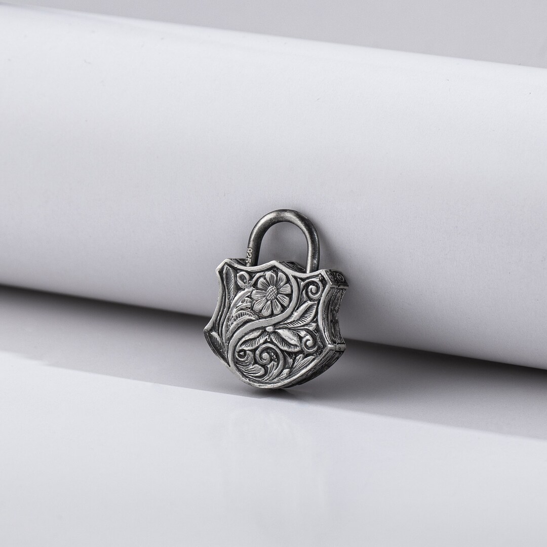 Lock With Daisy Flower Engraved Charm Necklace for Men, Sterling Silver ...