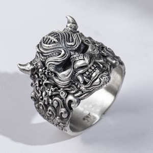 Hannya Oni Mask Ring in Sterling Silver, Vintage Gothic Ring for Men, Cool Goth Demon Ring for ...
