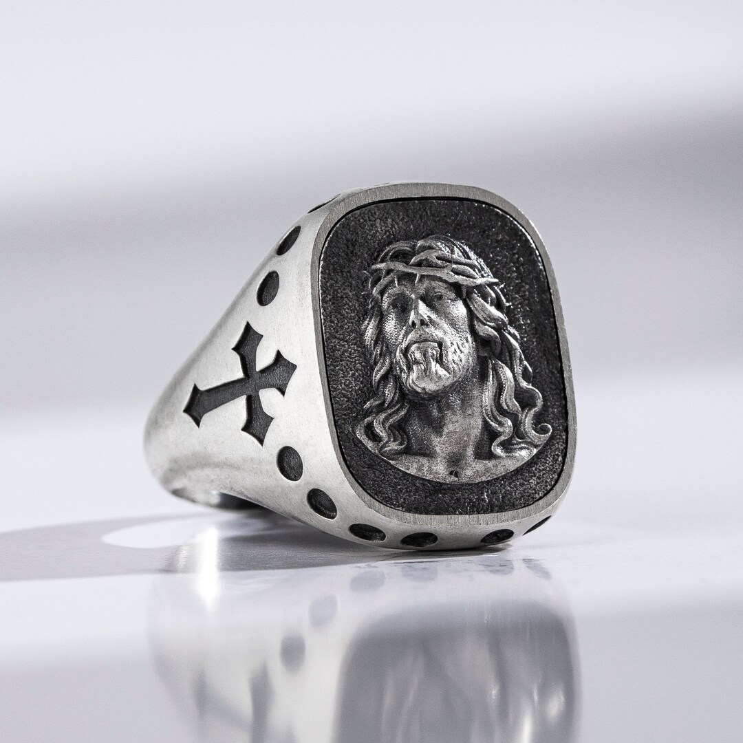 925 Silver Jesus Signet Ring, Religious Cross Jewelry for Men ...