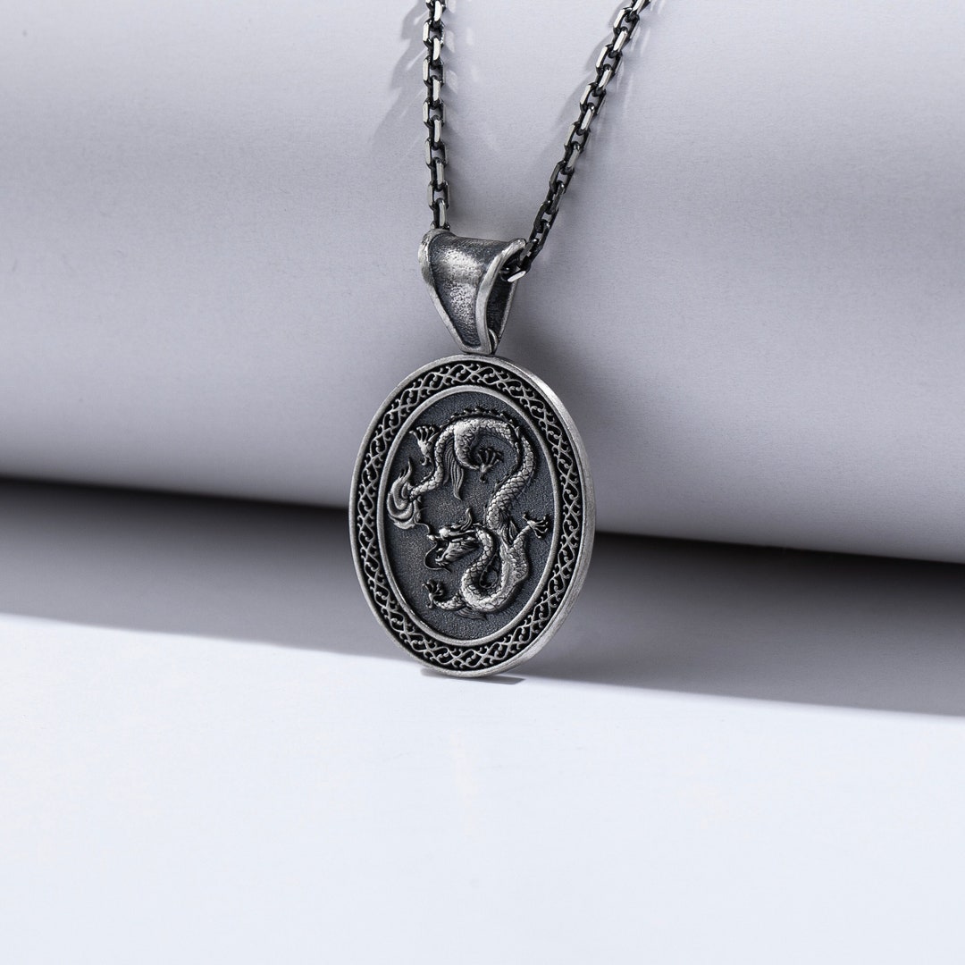 Chinese Dragon Silver Vintage Charm Necklace for Men, Handmade Engraved ...