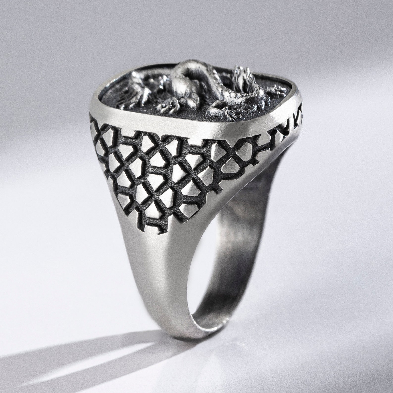 Silver Engraved Dragon Signet Ring Men, Dainty Fantasy Ring to Family ...