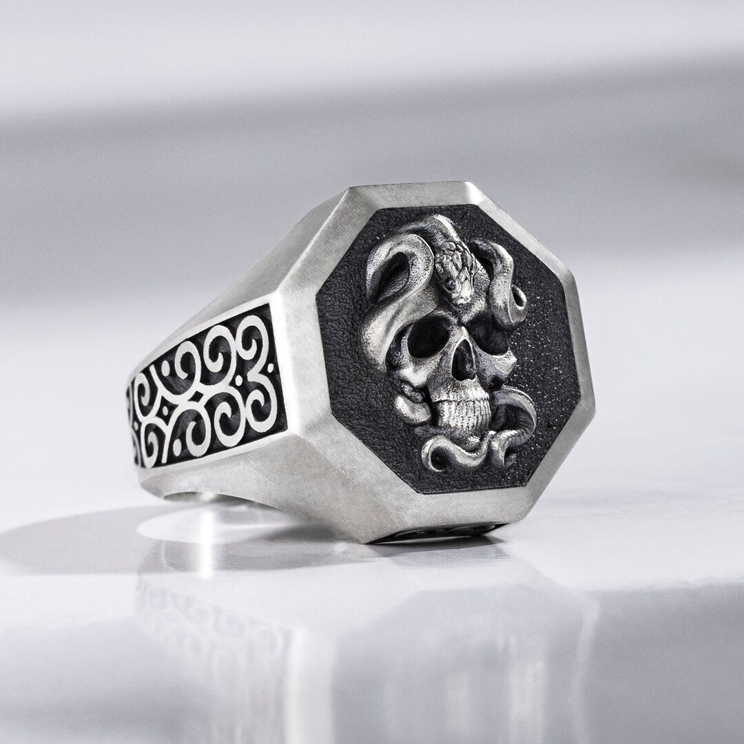 Handmade Snake Skull Unique Signet Ring, Sterling Silver Engraved ...