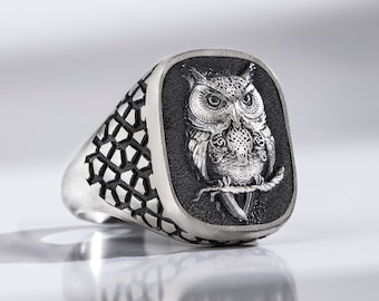 Owl Unique Signet Ring in Oxidized Silver, Dainty Animal Bird Nature ...