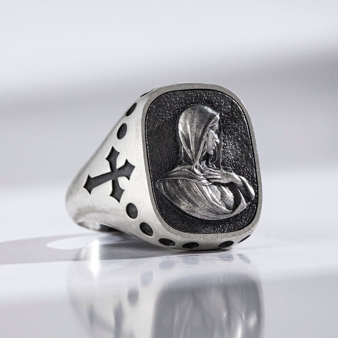 Virgin Mary Silver Christian Ring, Dainty Cross Signet Ring for Men ...