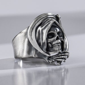 Grim Reaper Skull Ring for Men in Oxidized Silver, Biker Goth Ring for ...