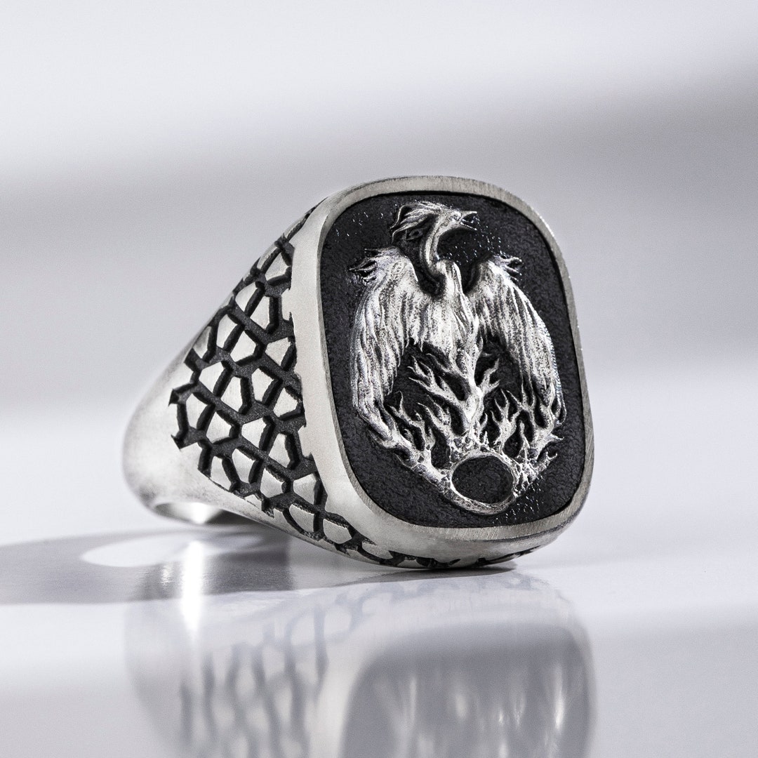 Sterling Silver Phoenix Signet Ring Men, Unique Fantasy Rings for Men ...