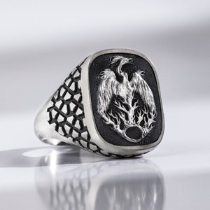 Sterling Silver Phoenix Signet Ring Men, Unique Fantasy Rings for Men ...
